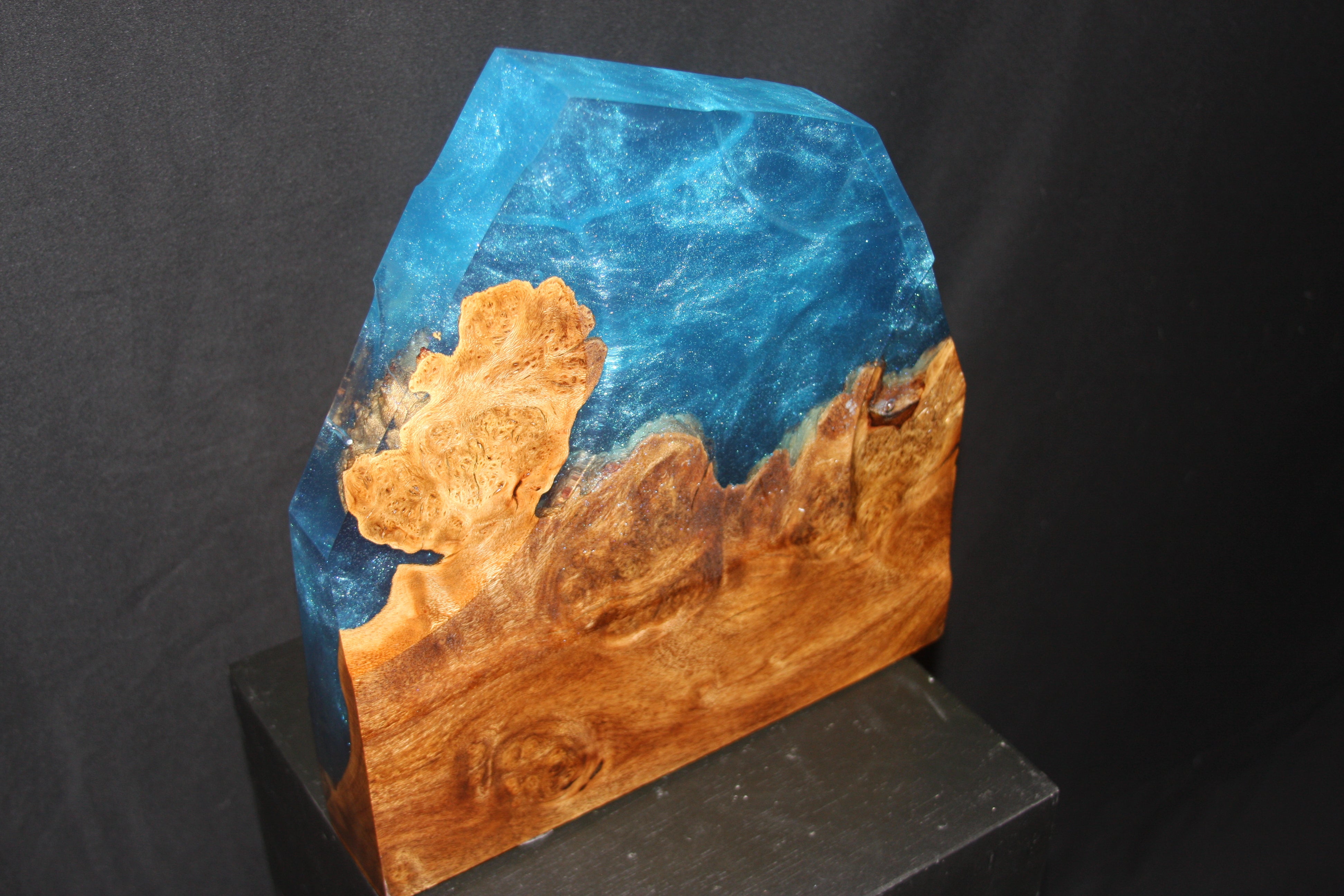 Hybrid Burl with Ocean Blue epoxy sculpture – its just wood by dc